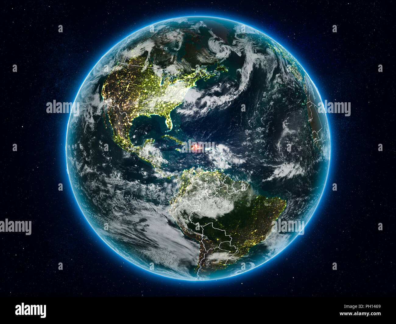 Dominican Republic from space on planet Earth at night with visible ...