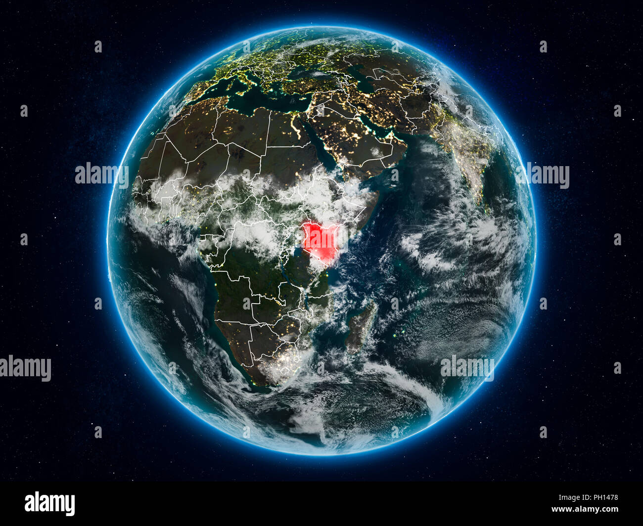 Kenya from space on planet Earth at night with visible country borders ...