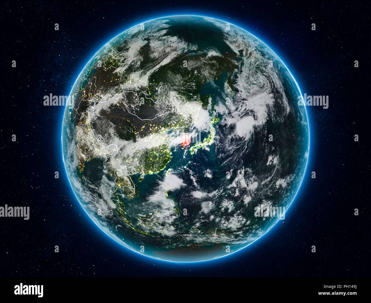 South Korea from space on planet Earth at night with visible country ...