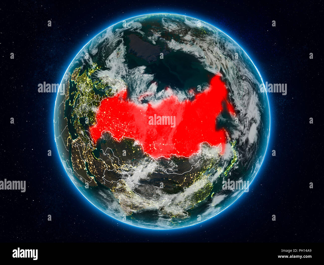 Russia from space on planet Earth at night with visible country borders ...