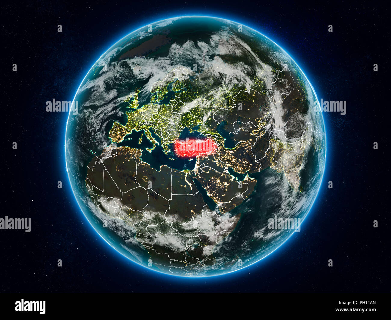 Turkey from space on planet Earth at night with visible country borders ...