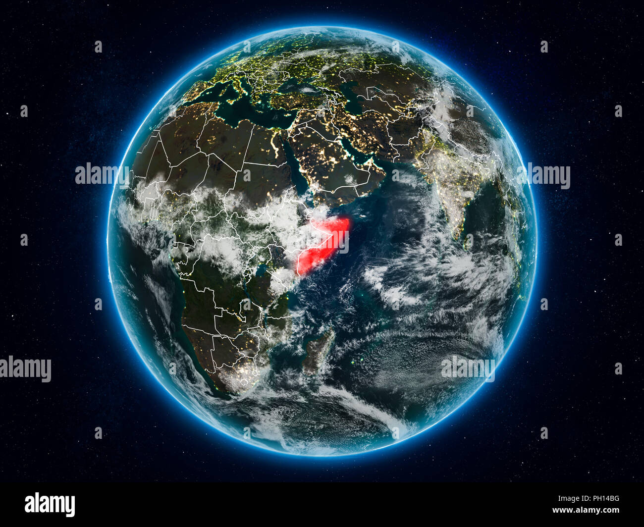 Somalia from space on planet Earth at night with visible country ...