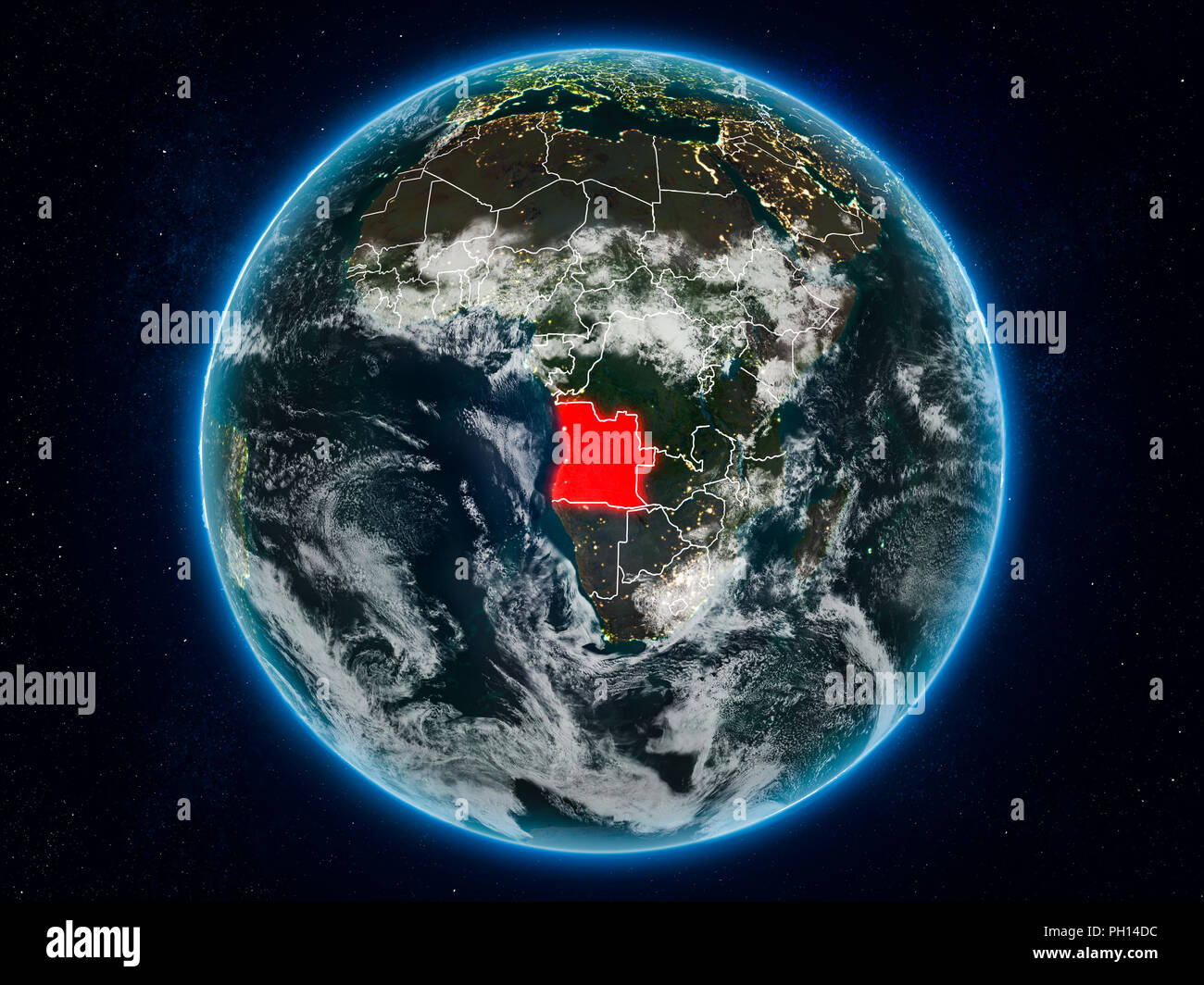 Angola from space on planet Earth at night with visible country borders ...