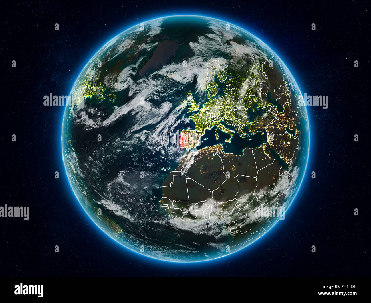 Portugal from space on planet Earth at night with visible country ...