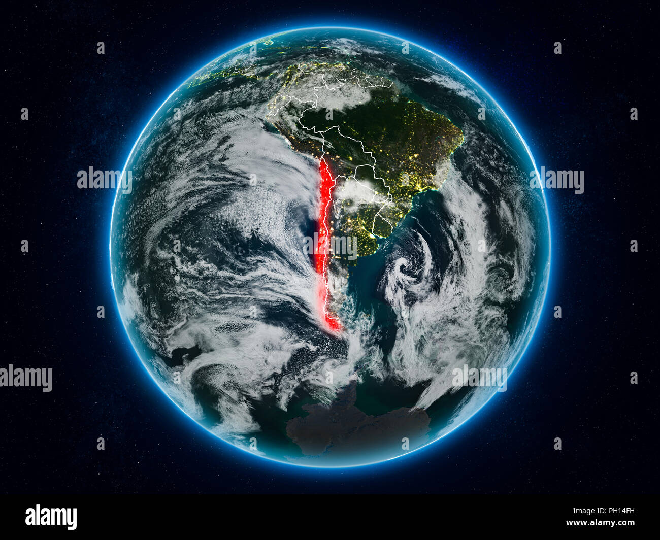 Chile from space on planet Earth at night with visible country borders ...