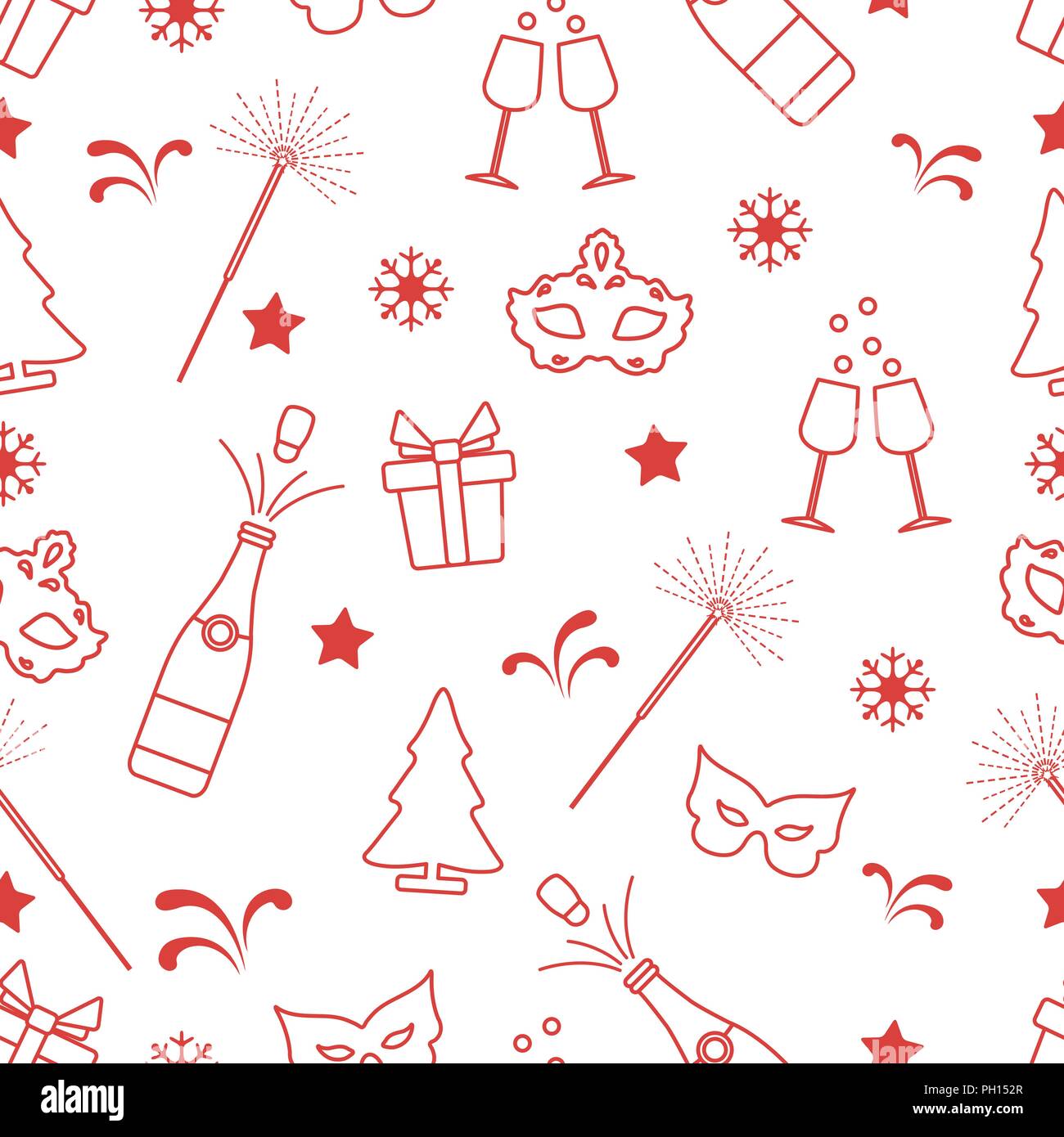 Seamless pattern with new year symbols. Gifts, fireworks, bottle and ...