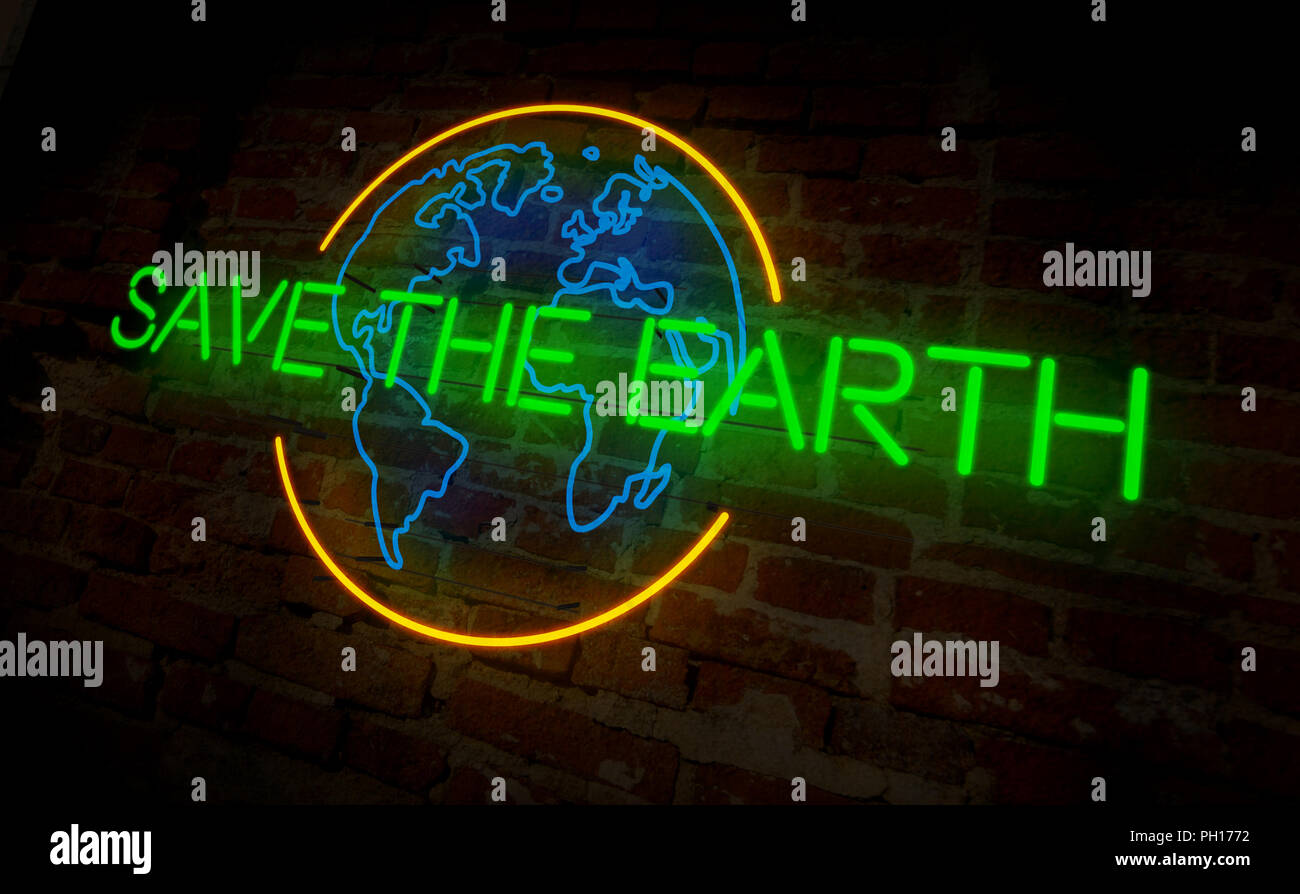 Save the earth light neon. Electric lettering on wall background ...