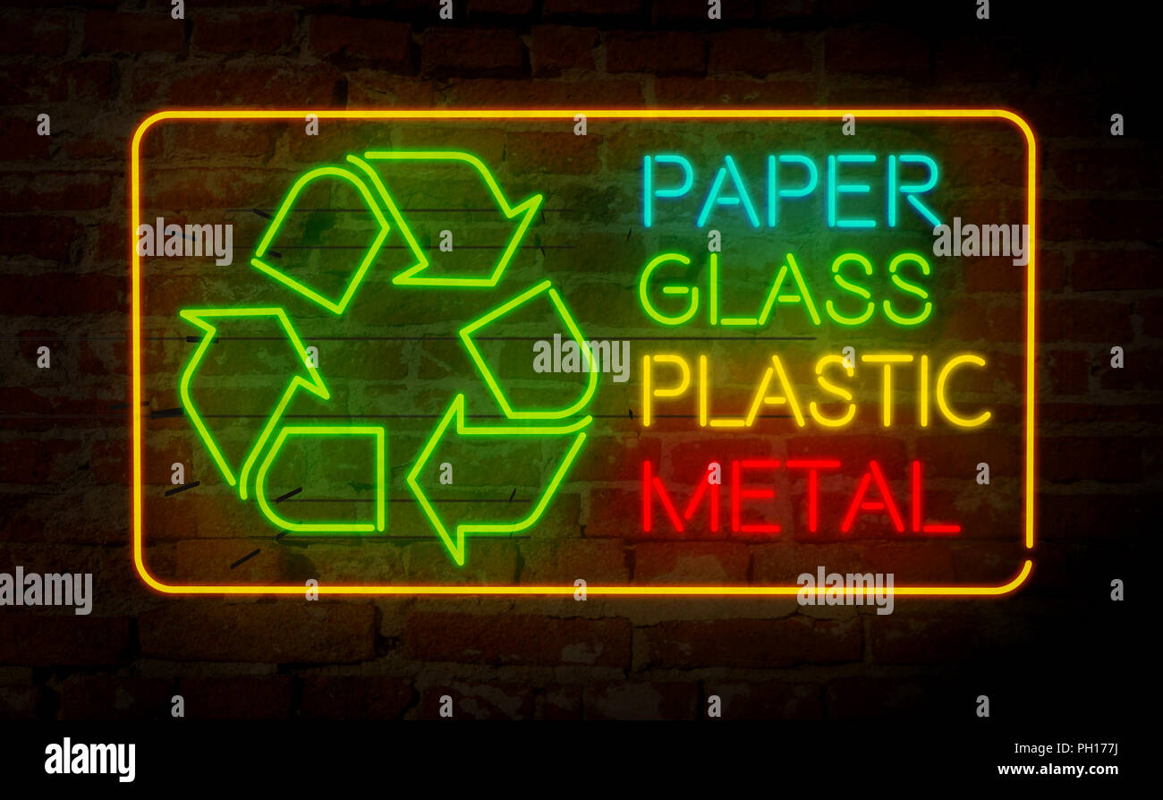 Recycling icon light neon. Electric lettering and symbol on wall ...