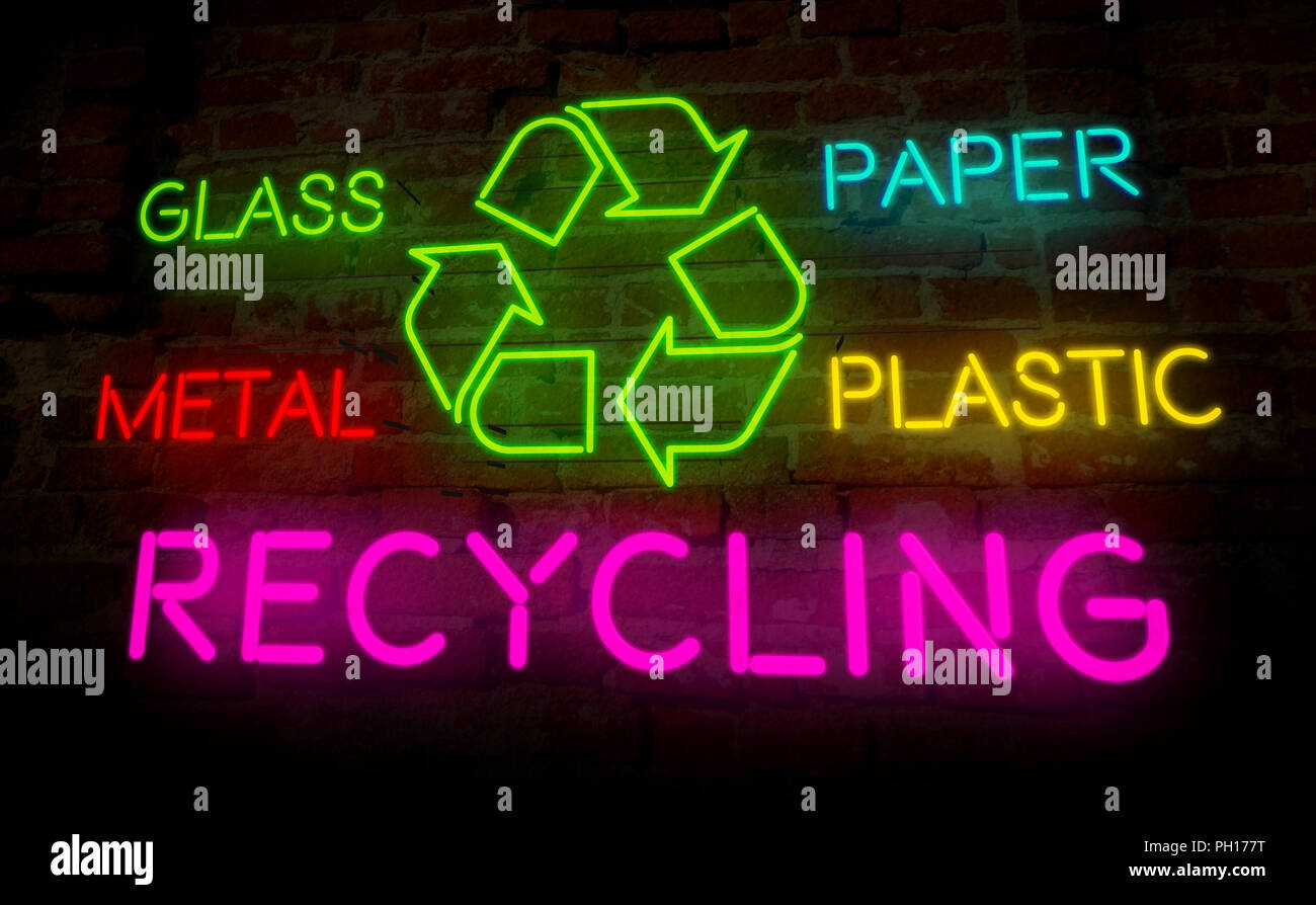 Recycling icon light neon. Electric lettering and symbol on wall ...