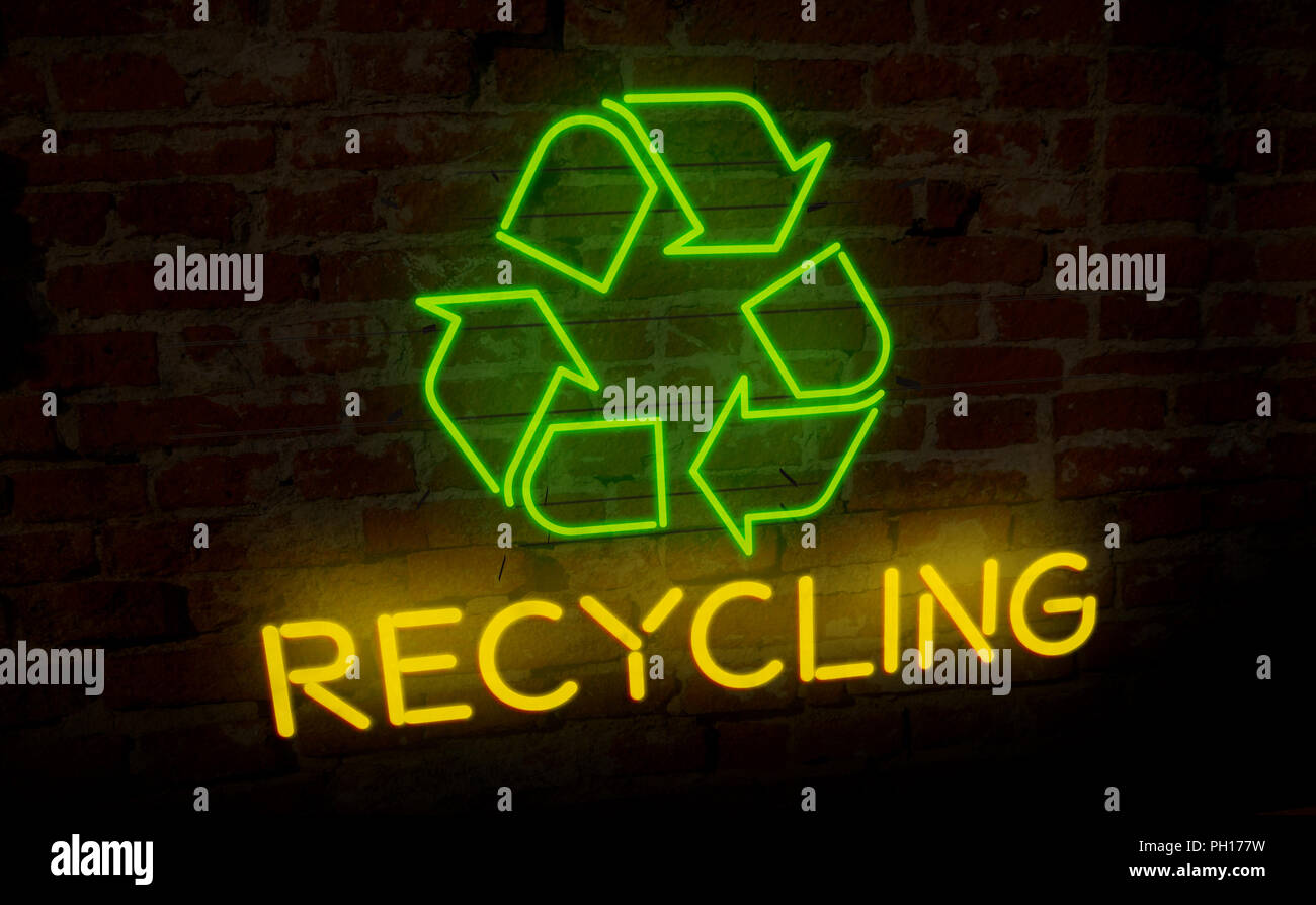 Recycling icon light neon. Electric lettering and symbol on wall ...