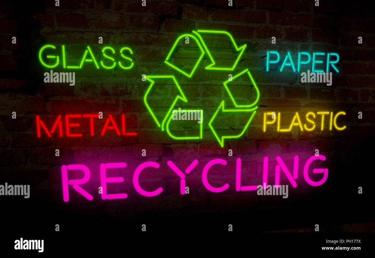 Recycling icon light neon. Electric lettering and symbol on wall ...