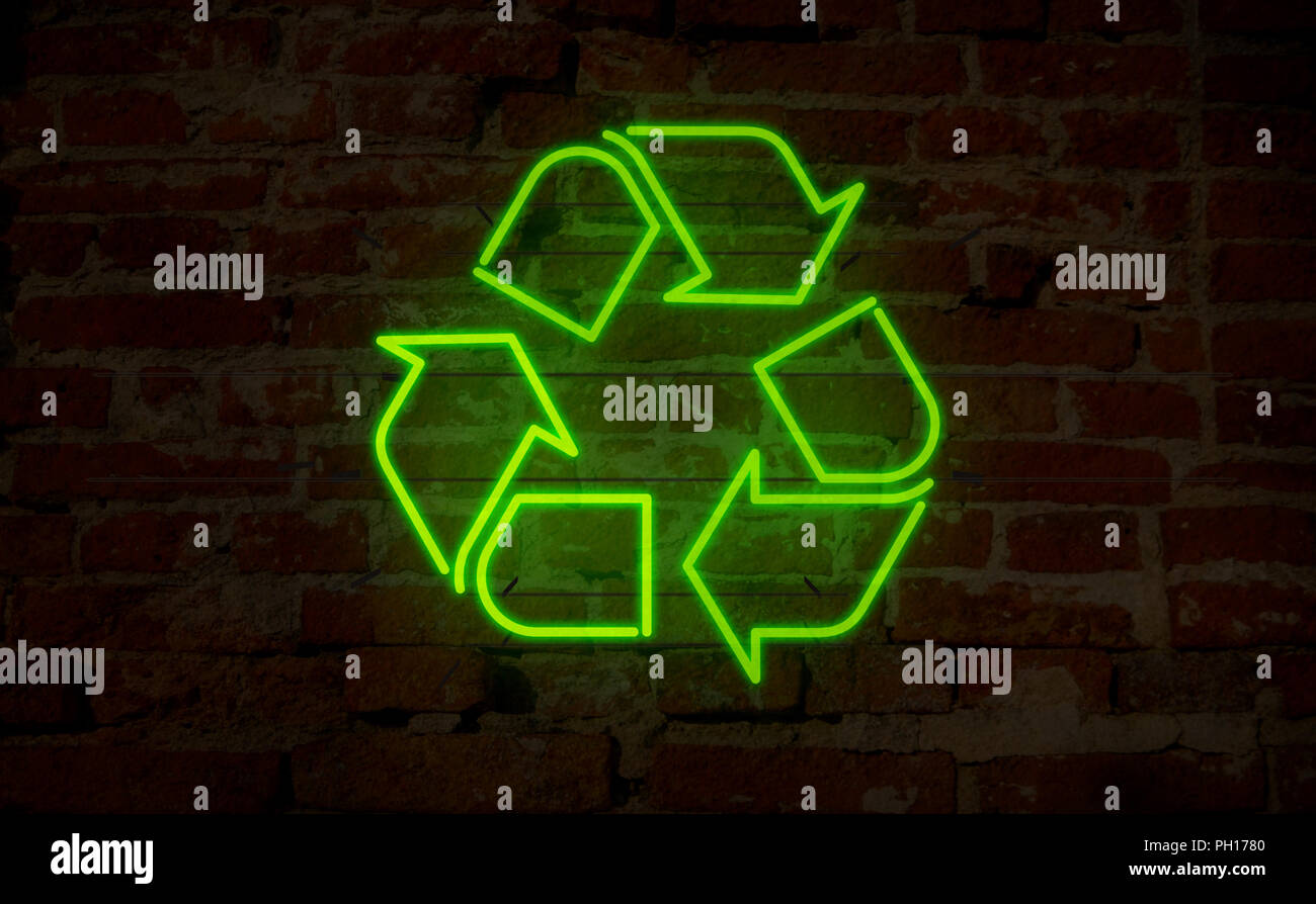 Recycling icon light neon. Electric lettering and symbol on wall ...