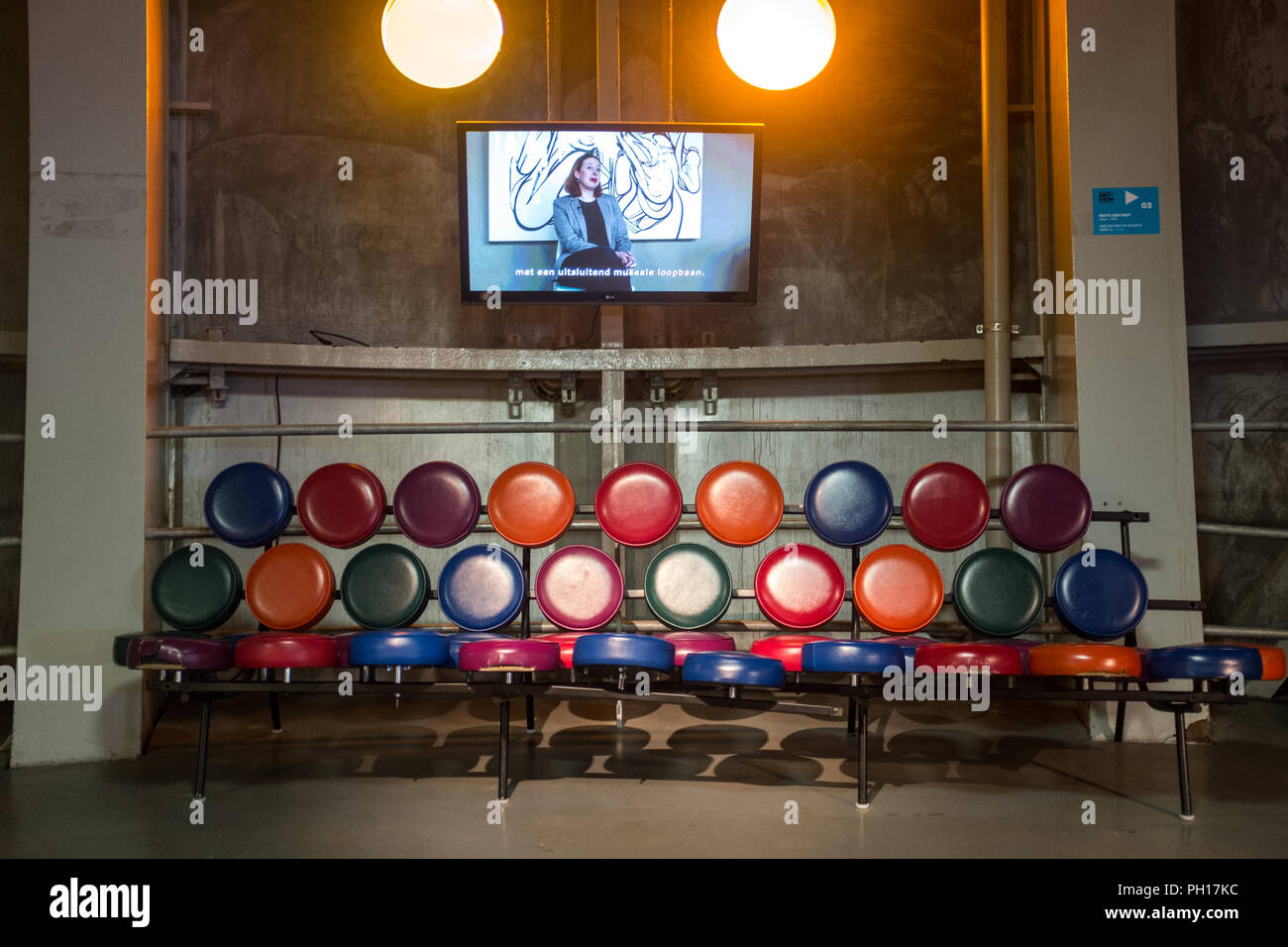View on retro seats inside the Atomium, Friday 1 May 2015, Brussels ...