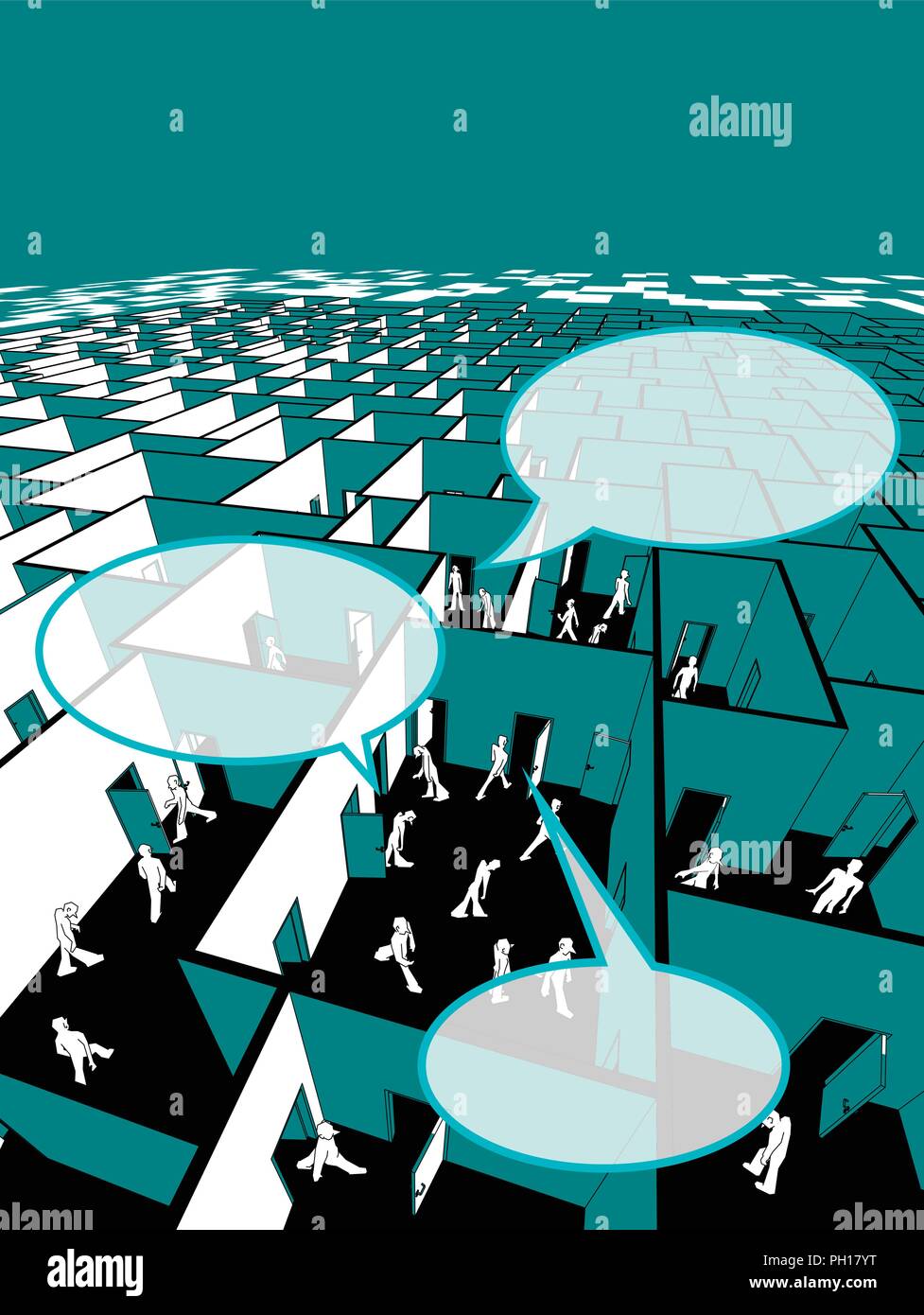 lost and confused people in endless cubical labyrinth with speech ...