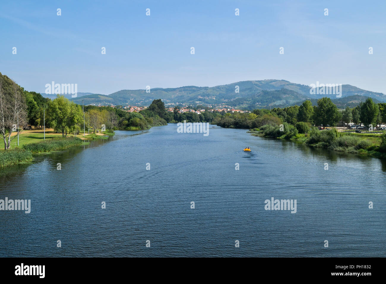 River In Ponte de Lima Portugal, drone view, aereal view of a river ...