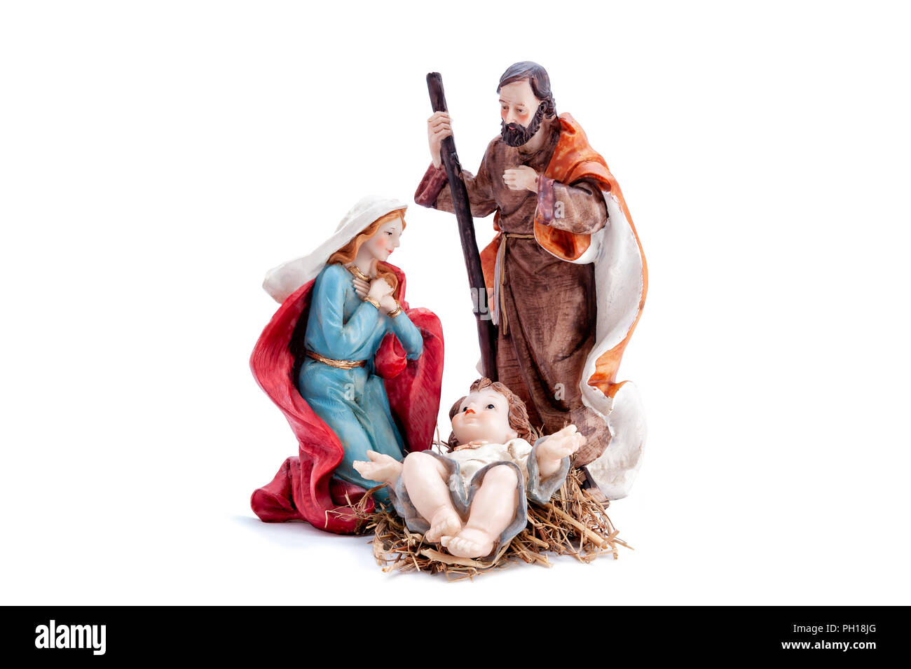 Christmas nativity scene. Baby Jesus in the manger with Mary and Joseph ...