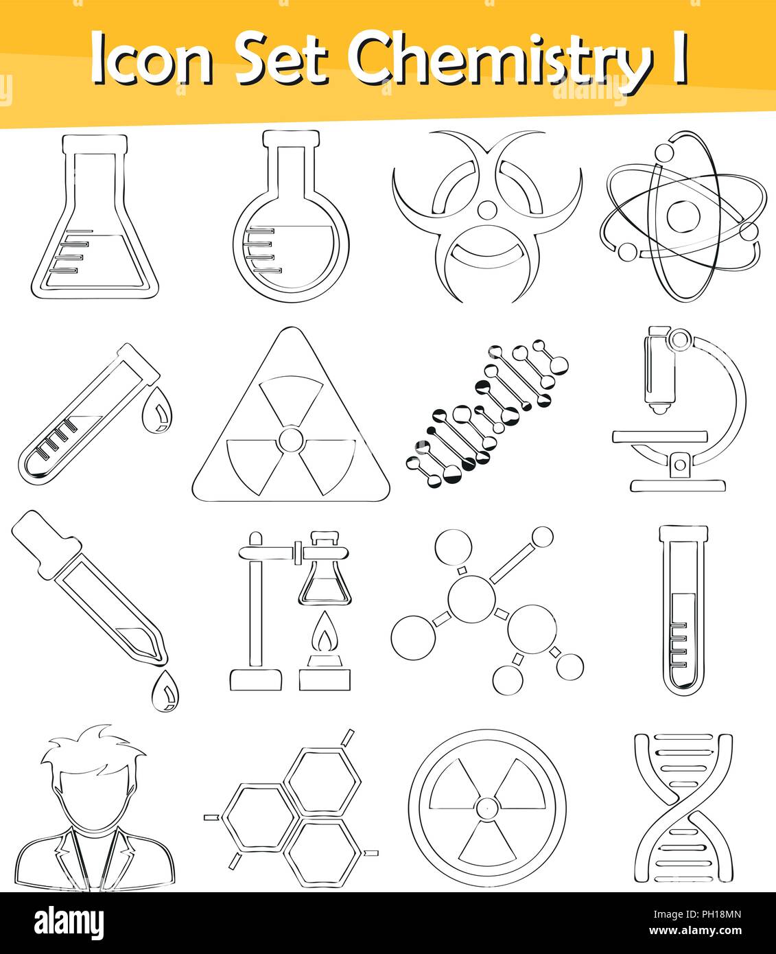 Drawn Doodle Lined Icon Set Chemistry I with 16 icons for the creative ...