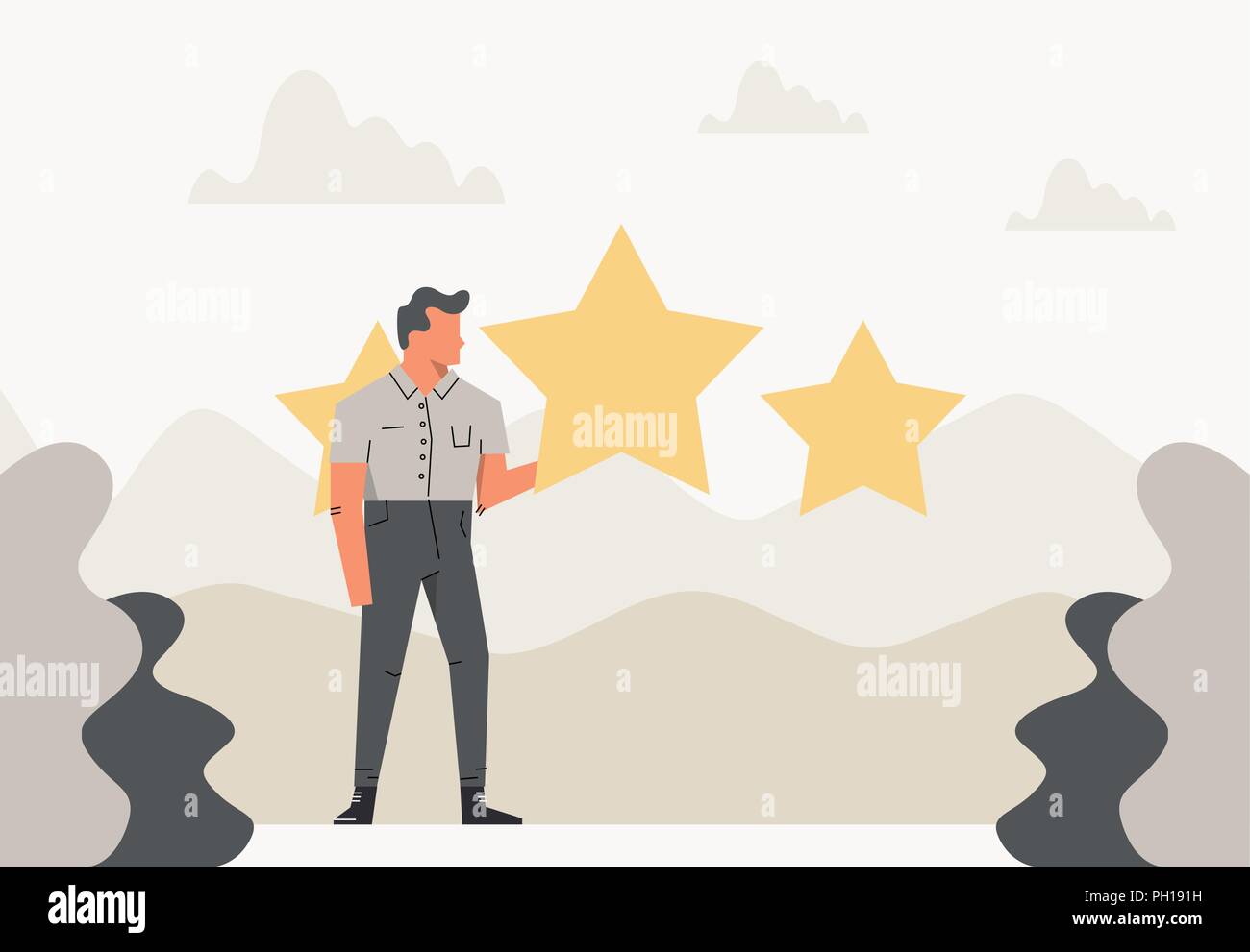 Businessman holding a big gold stars. Concept of reward, victory ...