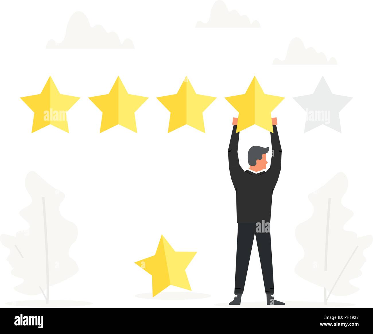 Businessman positive review and hold big Star over head. Rating ...