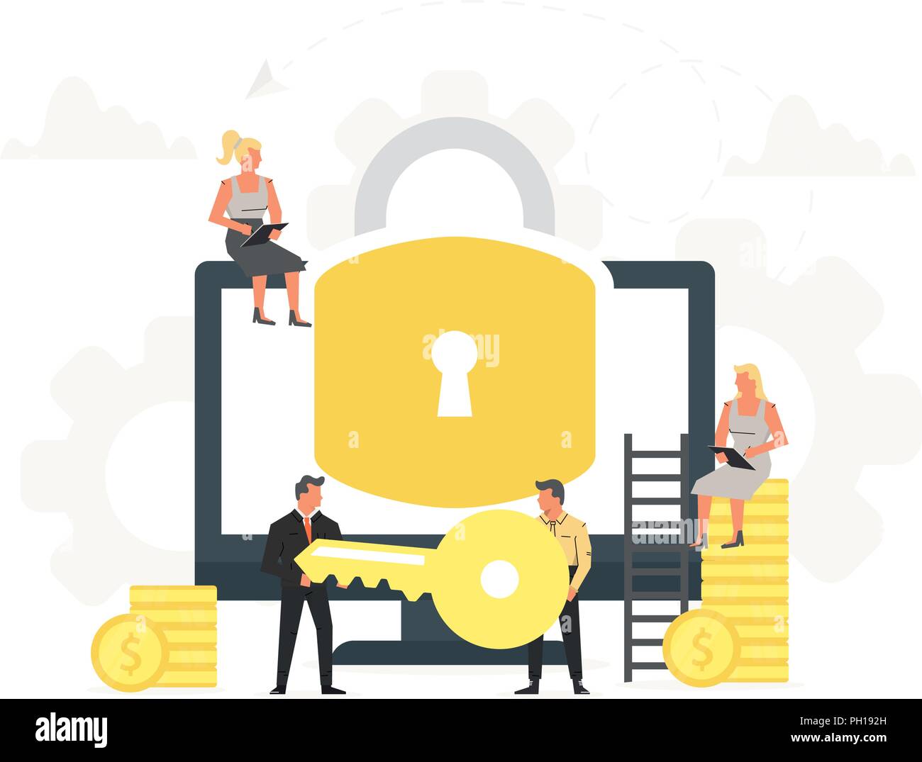 Vector illustration of computer and big lock on screen with small ...