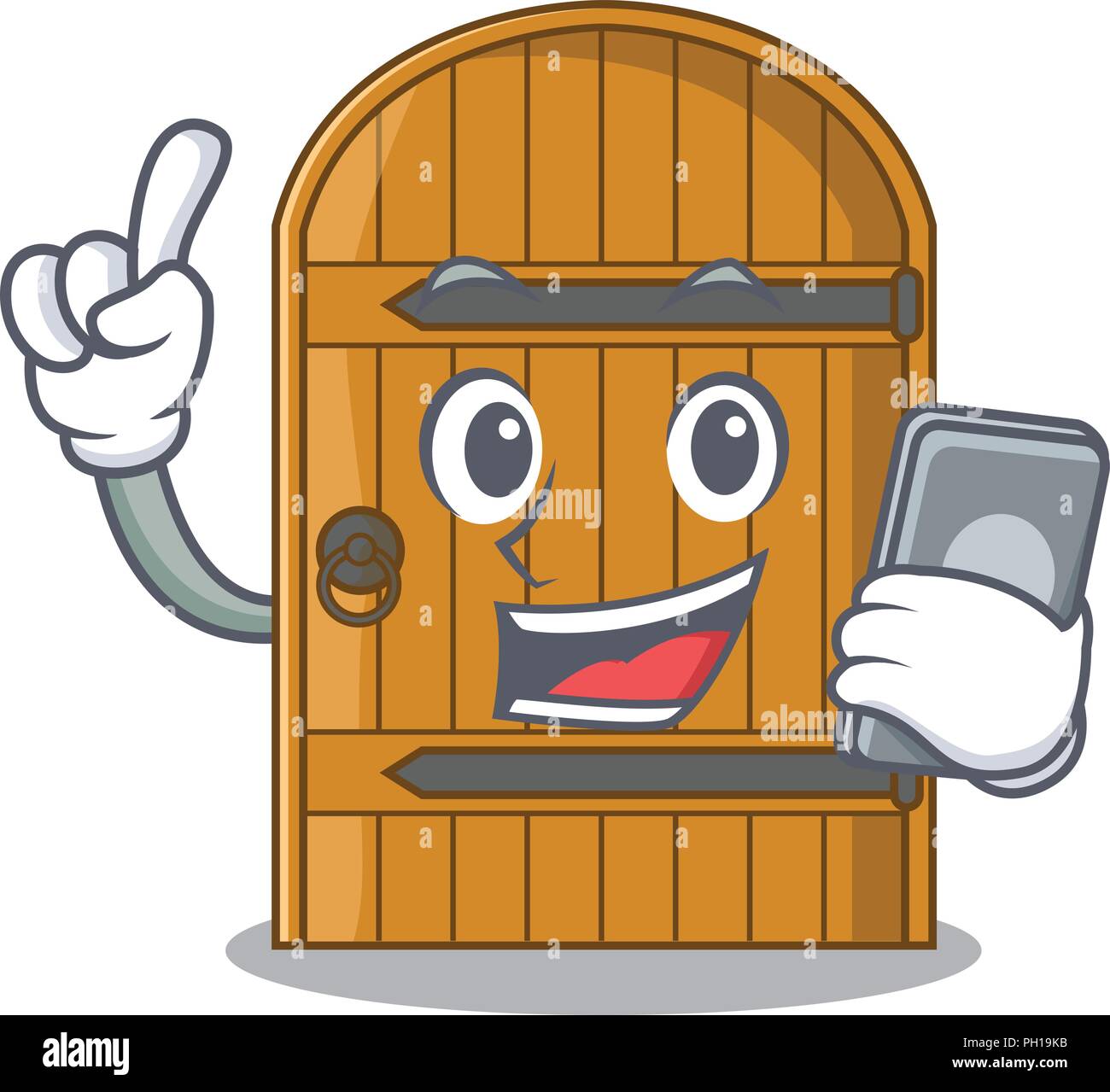 With phone cartoon wooden door massive closed gate vector illustration ...