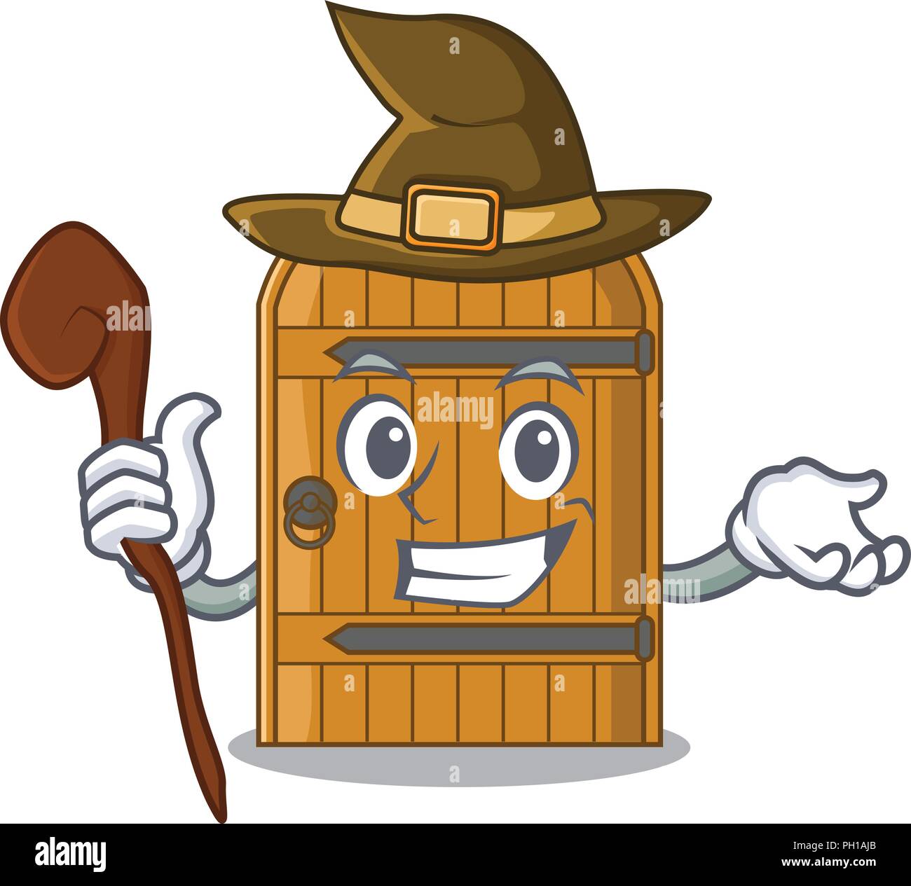 Witch large wooden door with cartoon handle vector illustration Stock ...