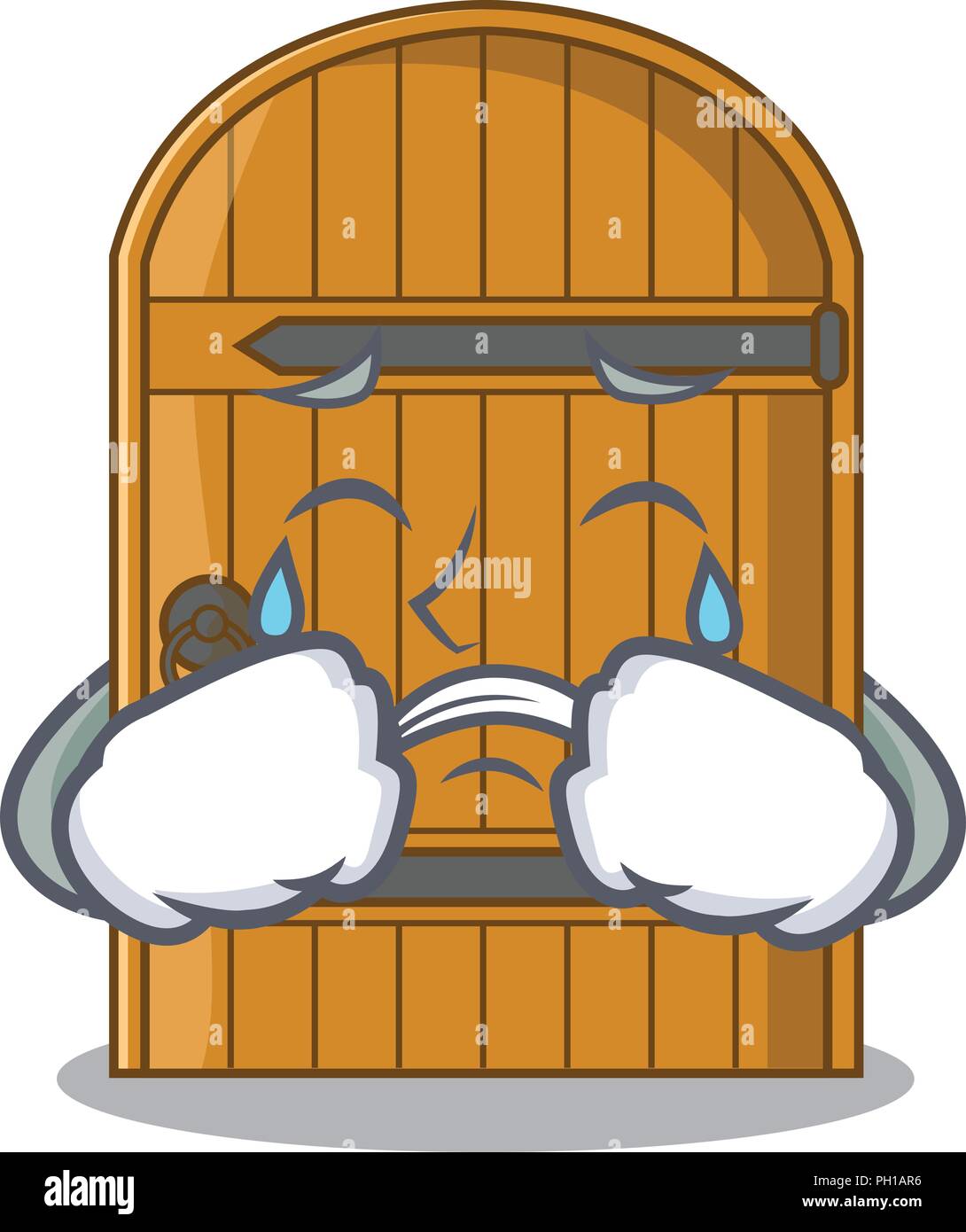 Crying large wooden door with cartoon handle vector illustration Stock ...