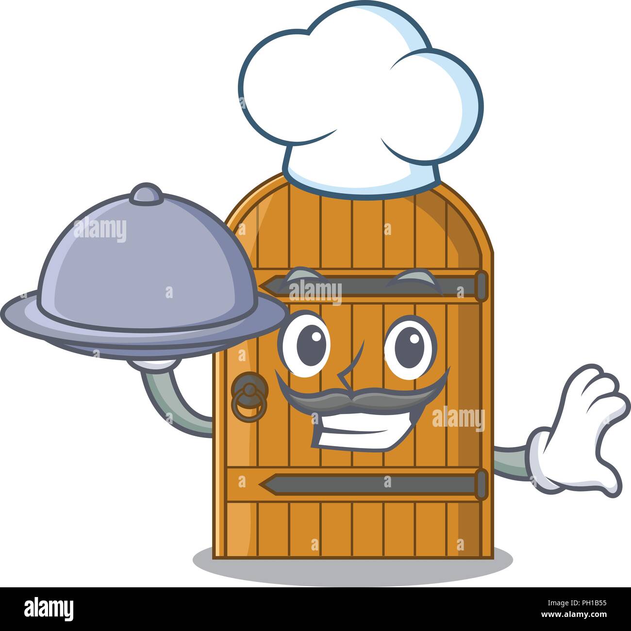 Chef with food large wooden door with cartoon handle vector ...