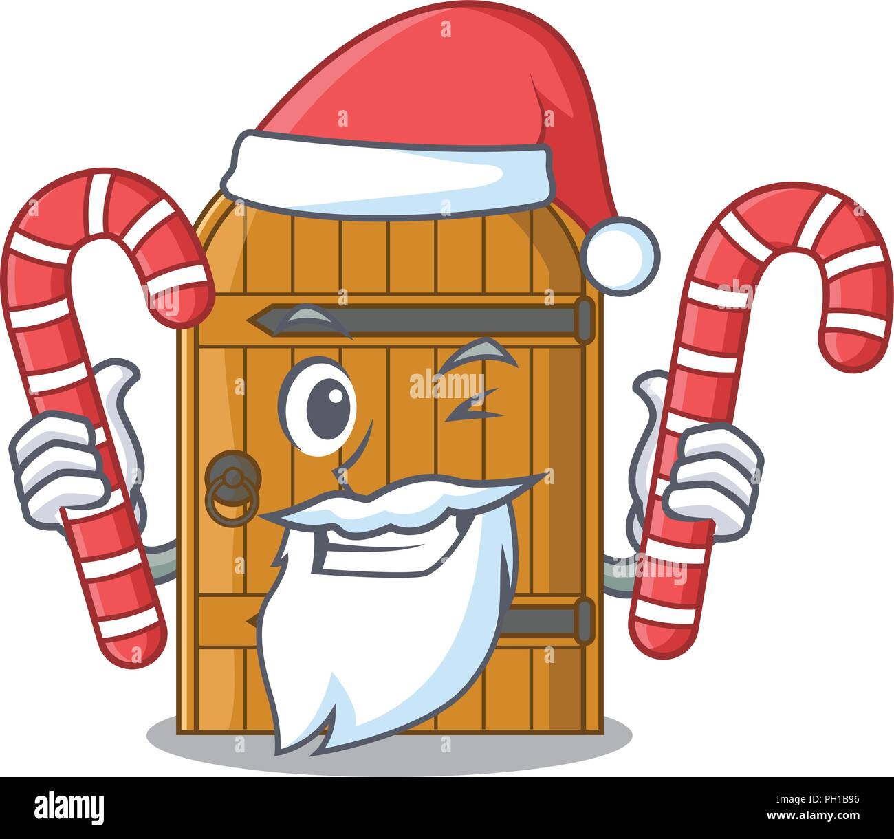 Santa with candy vintage wooden door on mascot cartoon vector ...