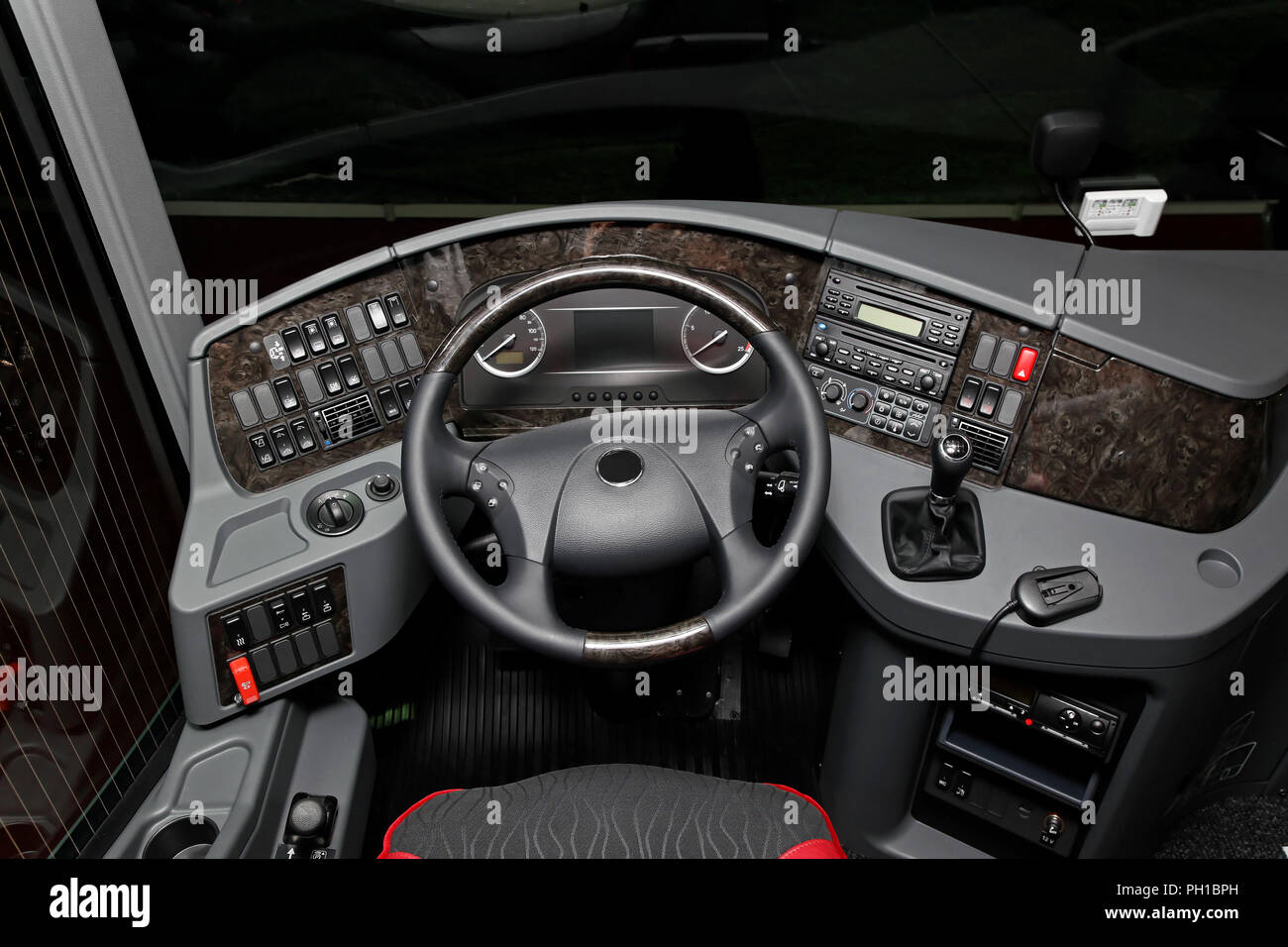 Modern bus cockpit from driver perspective workplace Stock Photo - Alamy