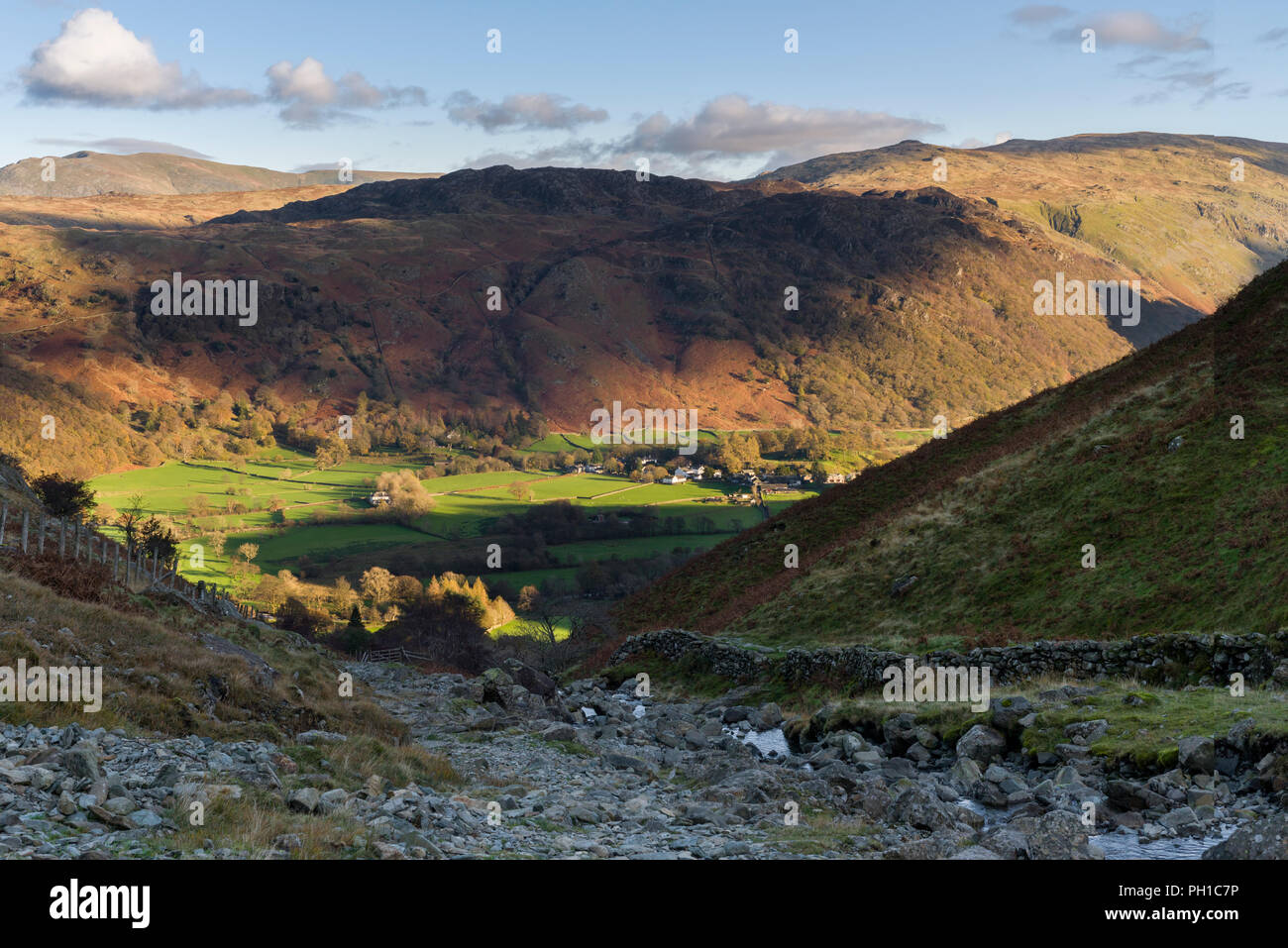 Tongue Gill below Rigghead Quarries with Rosthwaite in the Borrowdale ...