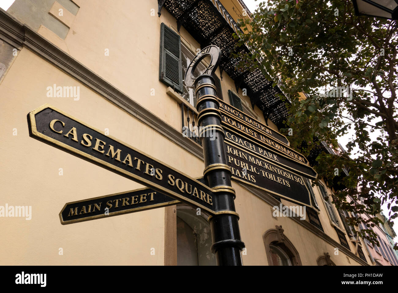 Gibraltar, Irish Town, tourist attractions information signpost in ...