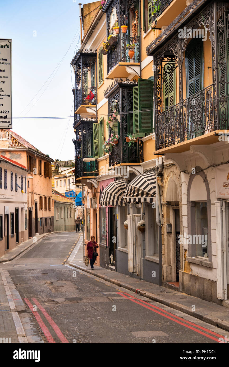 Gibraltar, Governor’s Street, shops in local trading area on slopes of ...