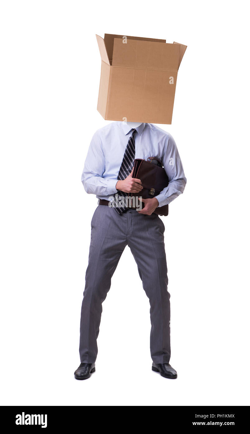 Businessman with blank box on his head Stock Photo - Alamy