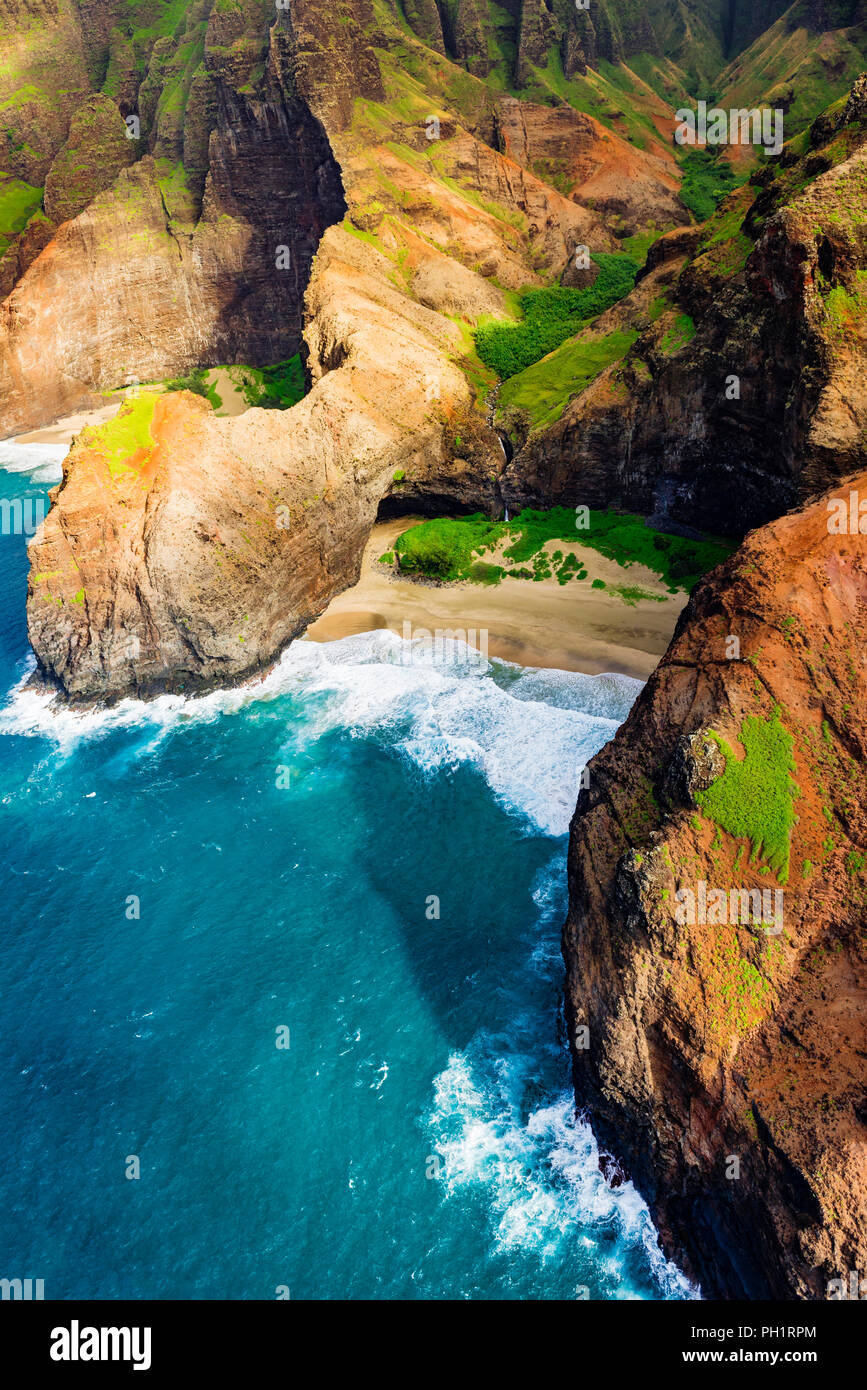 Honopu Arch and Honopu Beach on the Na Pali Coast (aerial), Napali ...