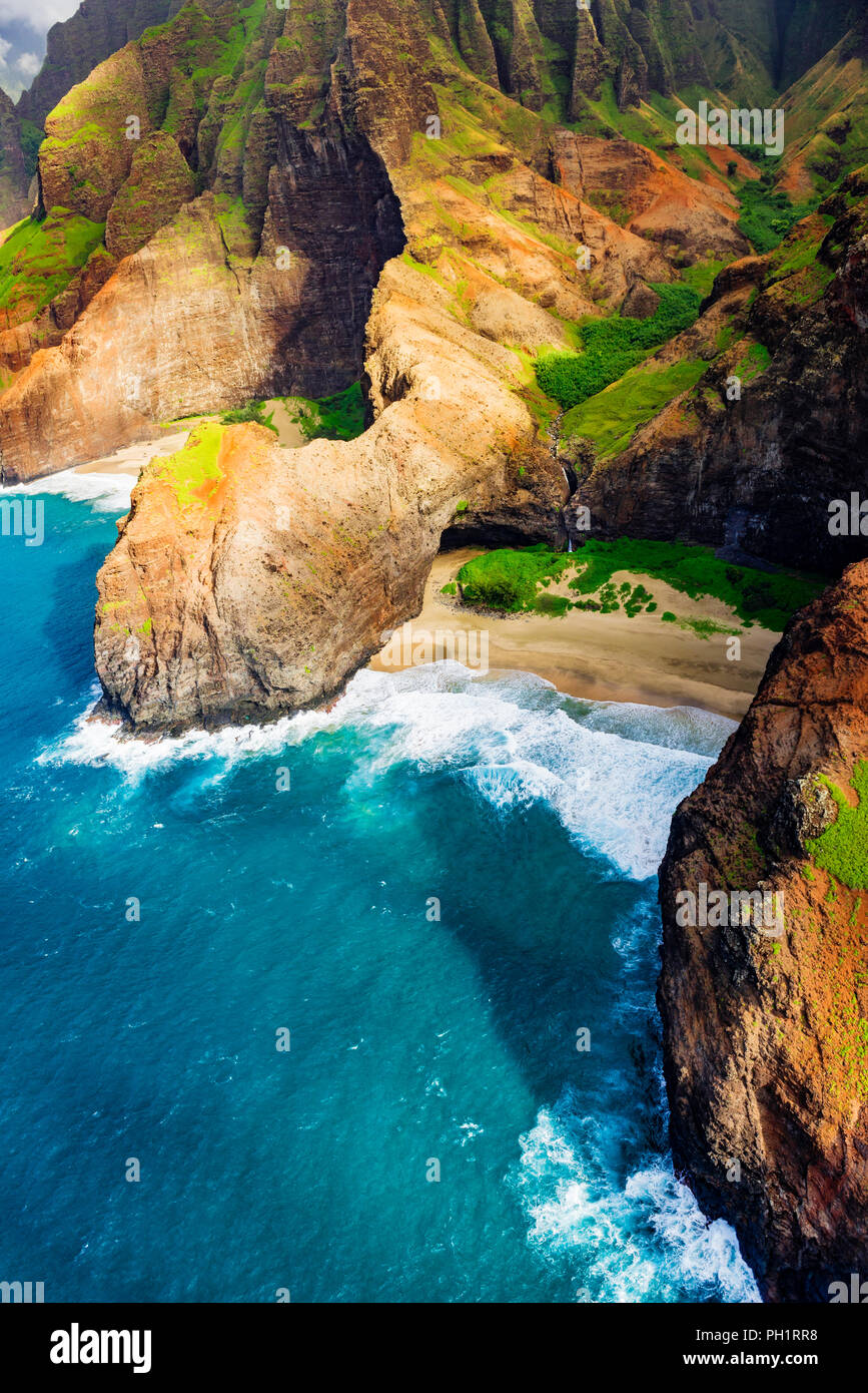 Honopu Arch and Honopu Beach on the Na Pali Coast (aerial), Napali ...