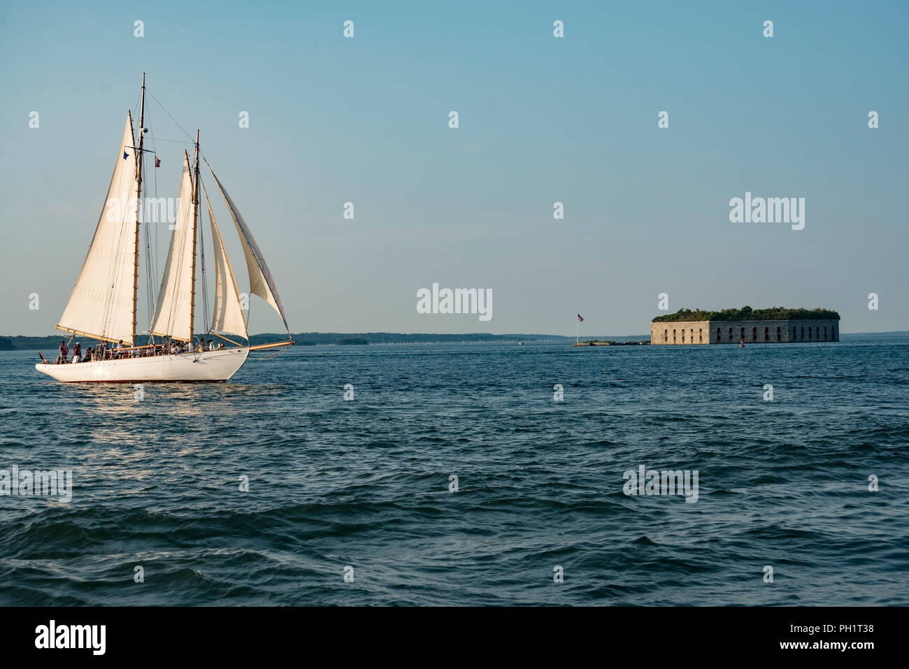 a Tall ship passing Fort Gorges on Hog Island Ledge in the Casco Bay at ...