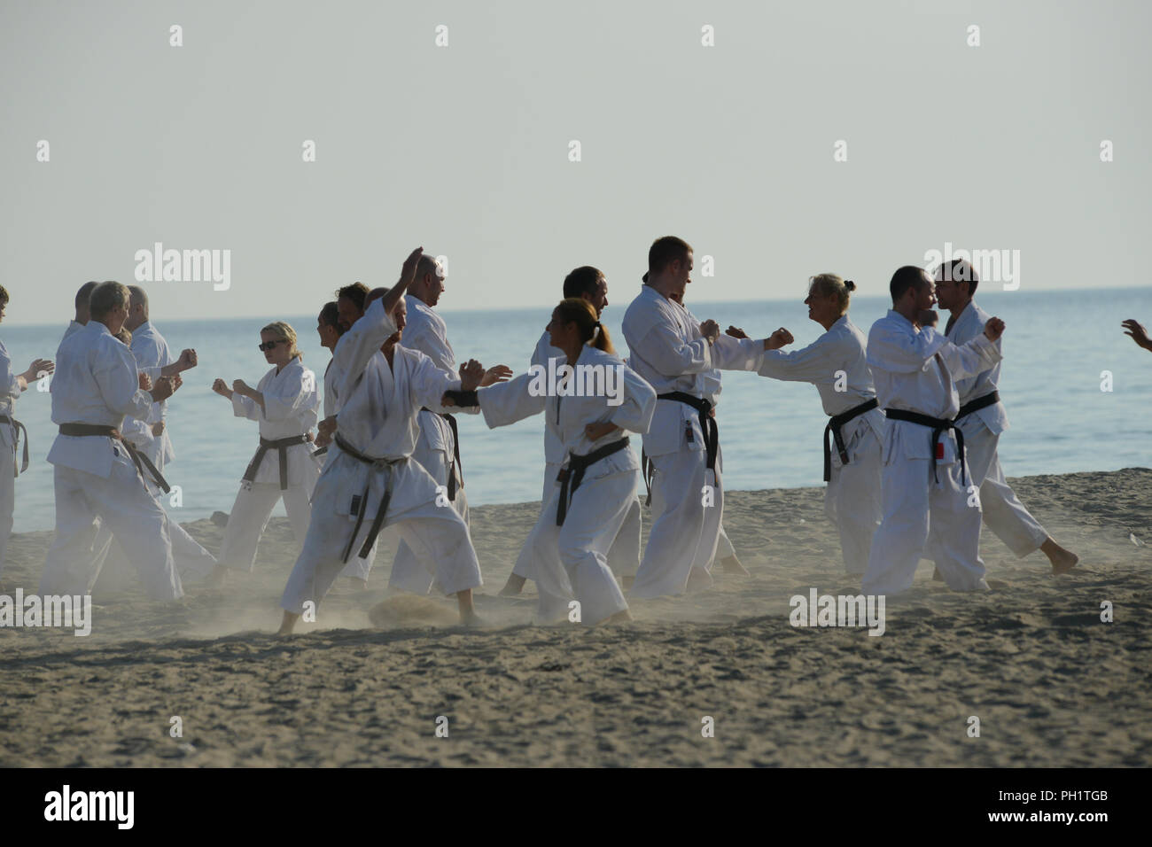 group of shotokan karatekas practicing at the beach in the morning sun ...