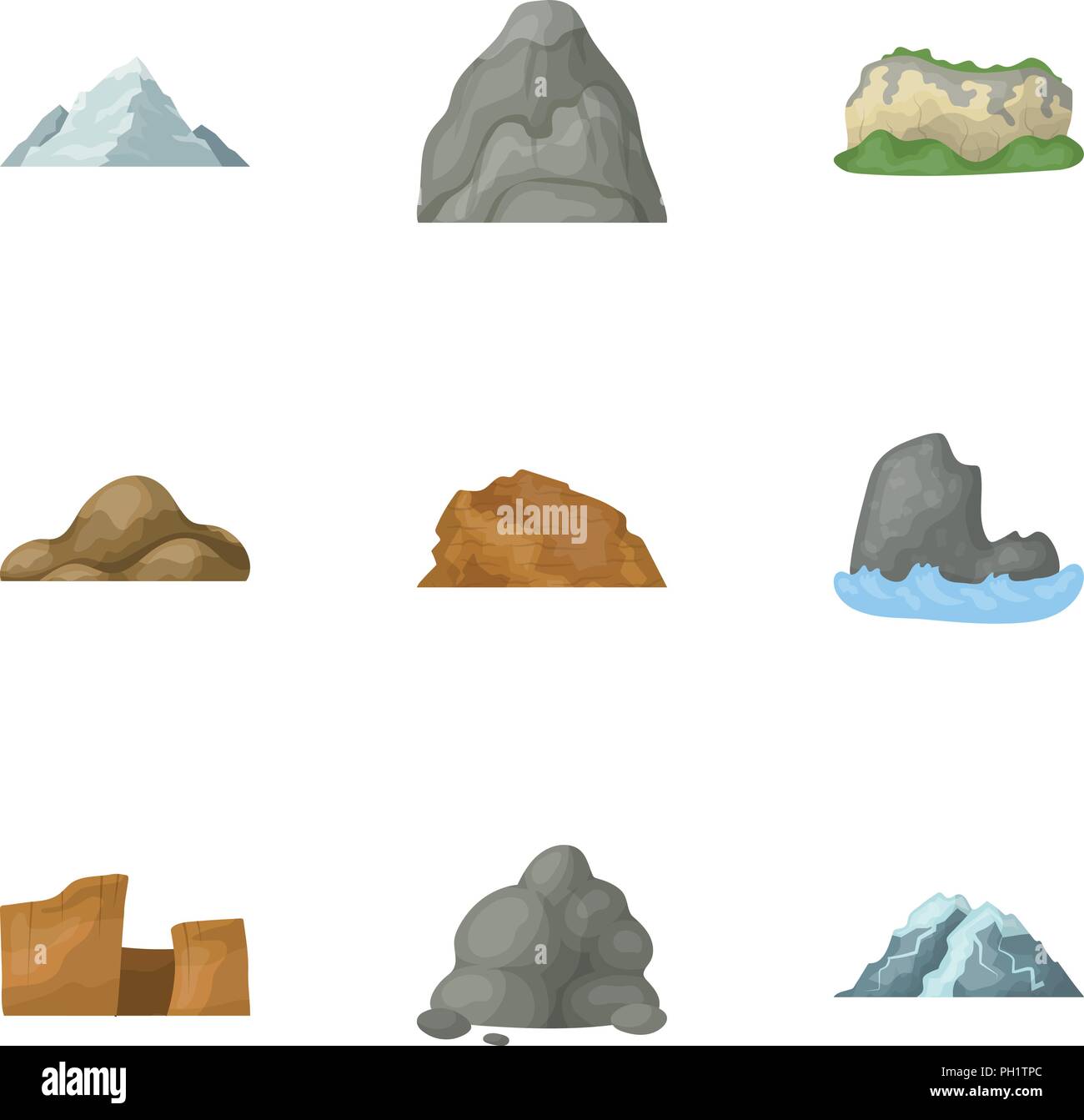 Set of icons about different mountains. Winter, summer mountains in one ...