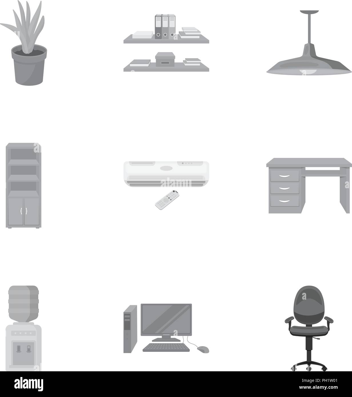Office furniture and interior set icons in monochrome design. Big ...