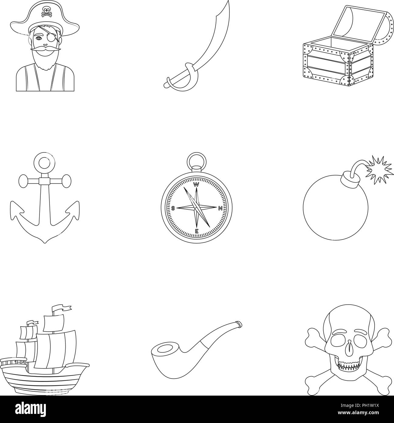 Pirates set icons in outline design. Big collection of pirates vector ...