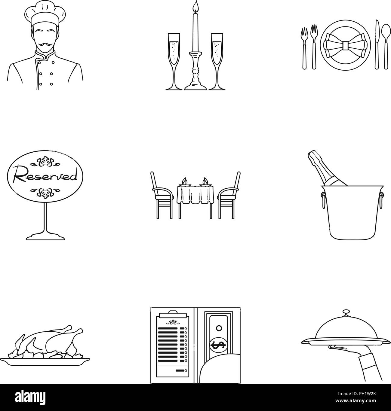 Restaurant set icons in outline design. Big collection of restaurant ...
