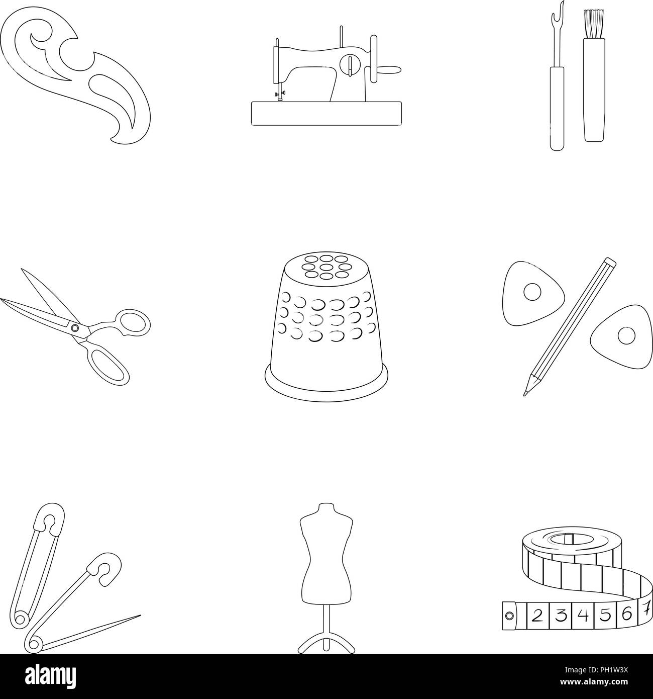 Sewing, atelier outline icons in set collection for design. Tool kit ...