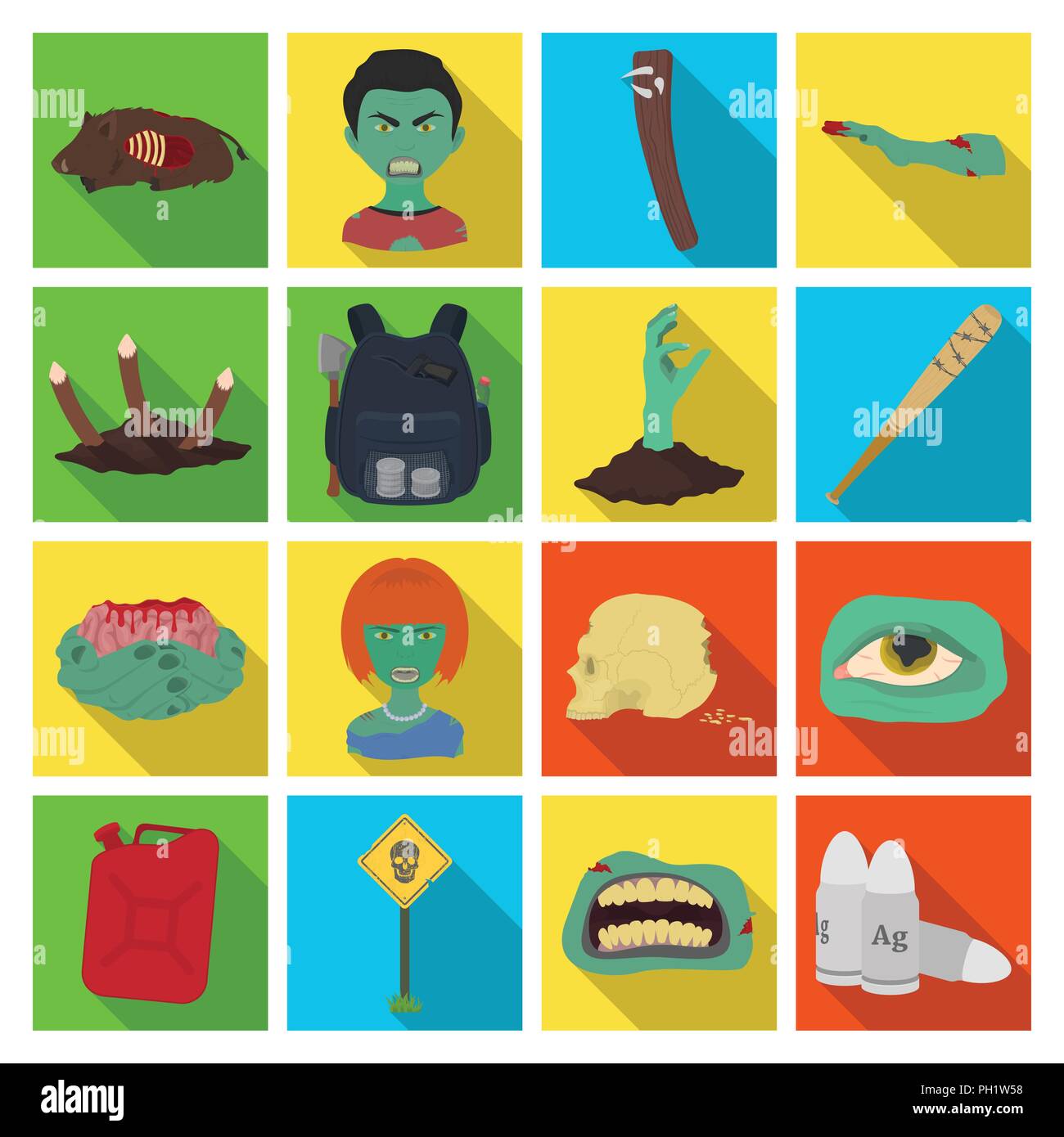 Zombies and Attributes flat icons in set collection for design. Dead ...