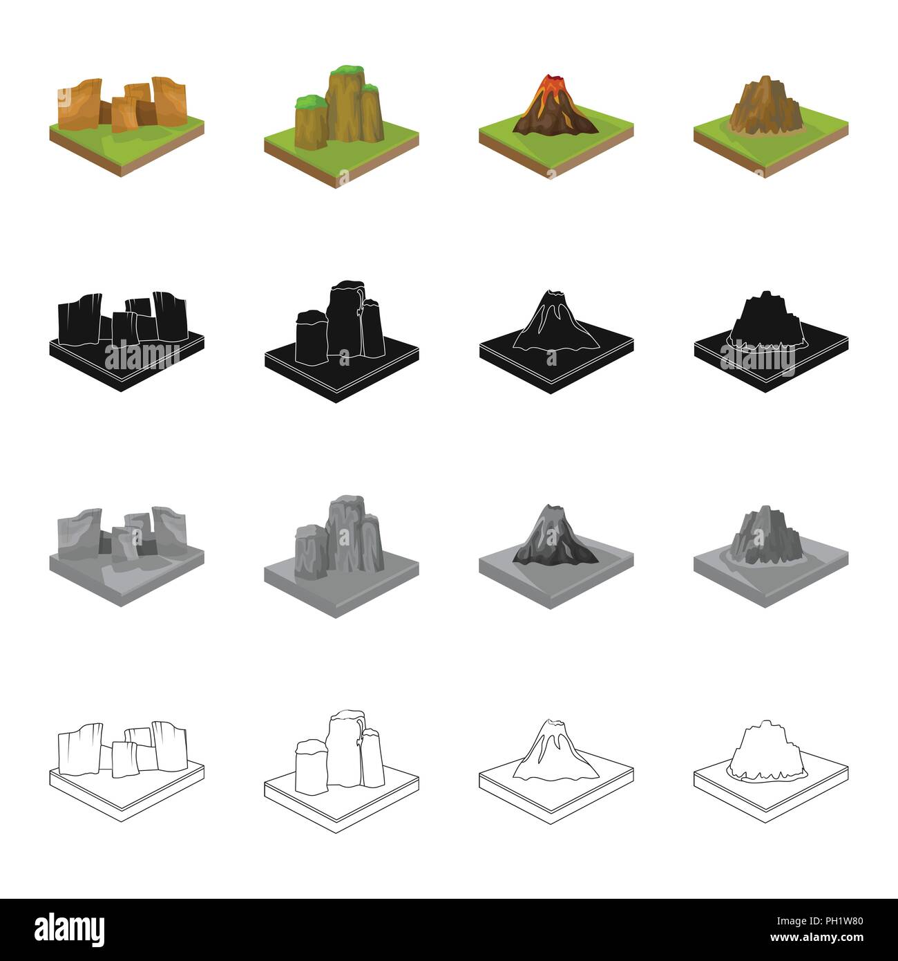 Mountain, hill, plain, and other icon in cartoon style. Ecology, relief ...