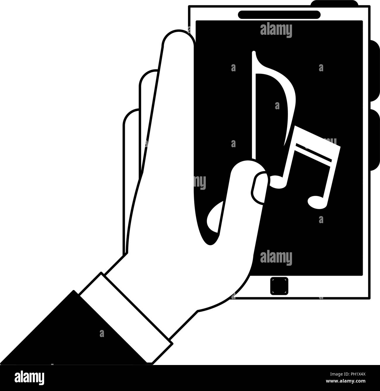 Hand holding smartphone with music in black and white Stock Vector ...