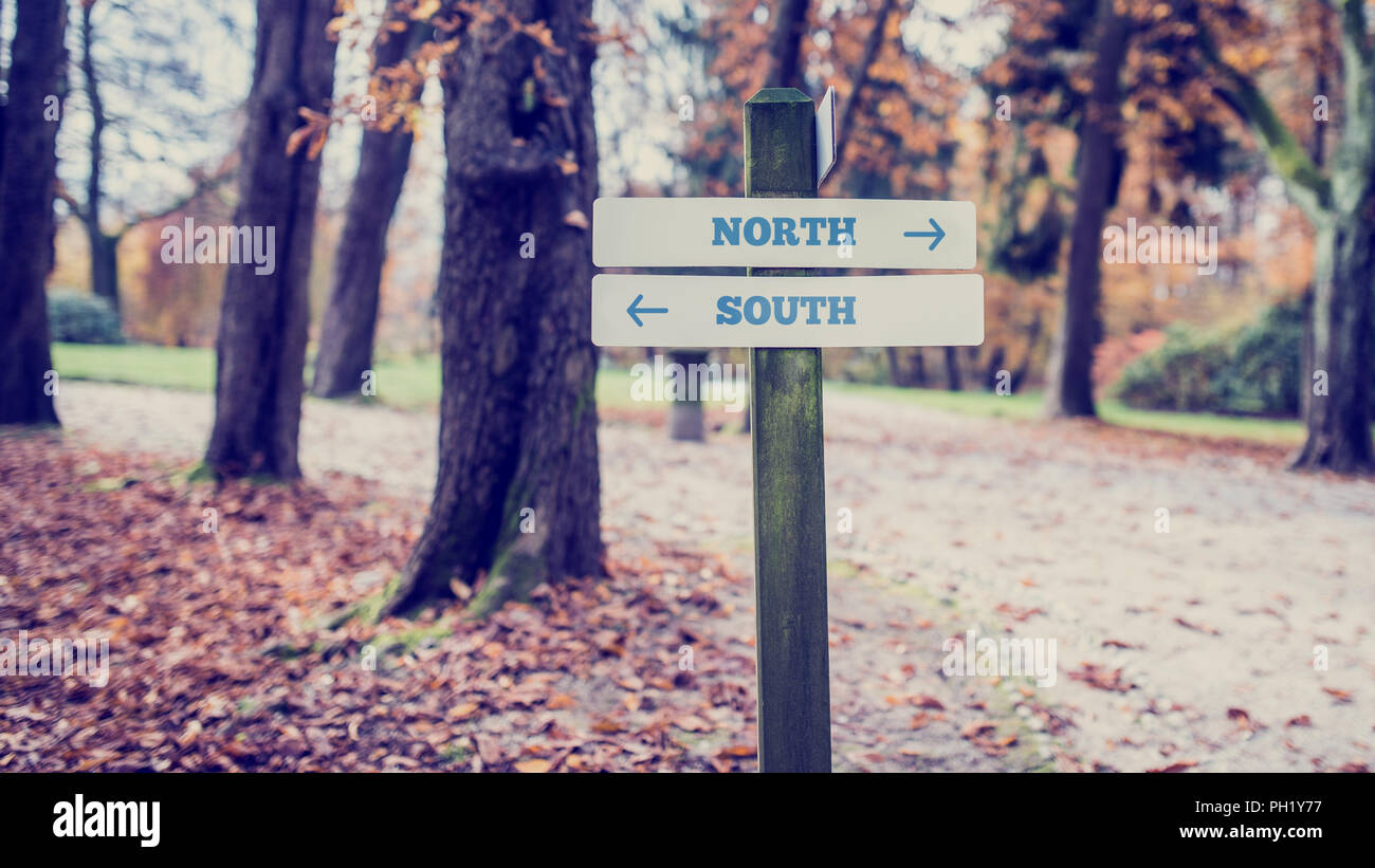Signpost in a park or forested area with arrows pointing two opposite ...