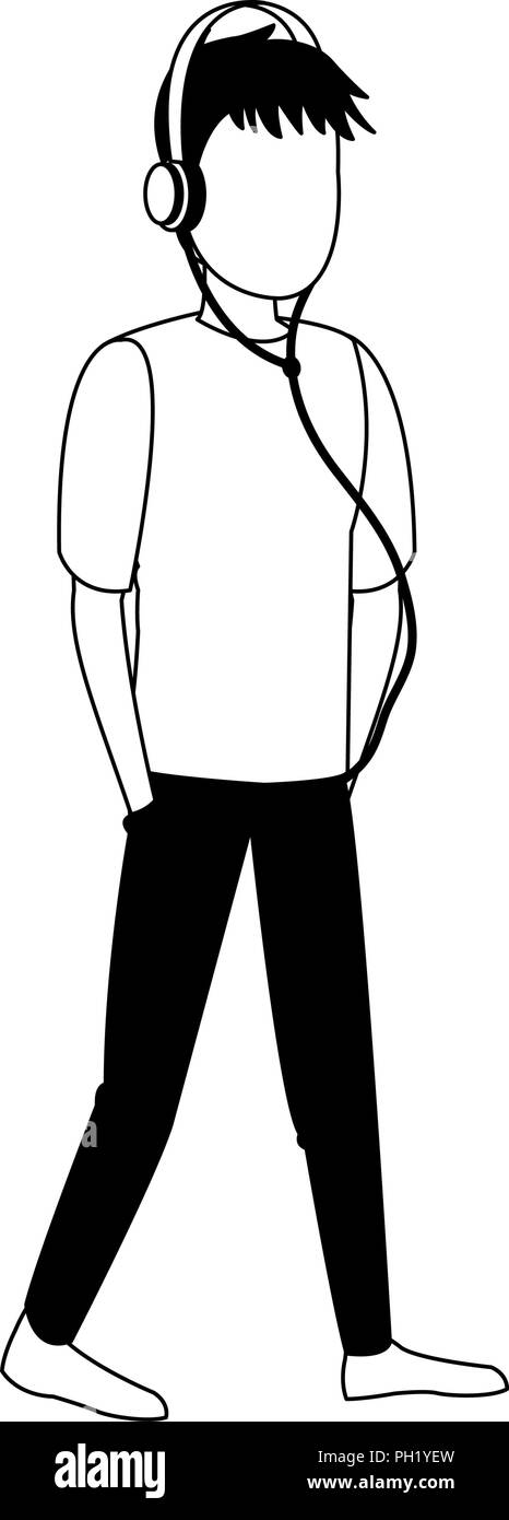 Listen music face earphones Black and White Stock Photos & Images - Alamy