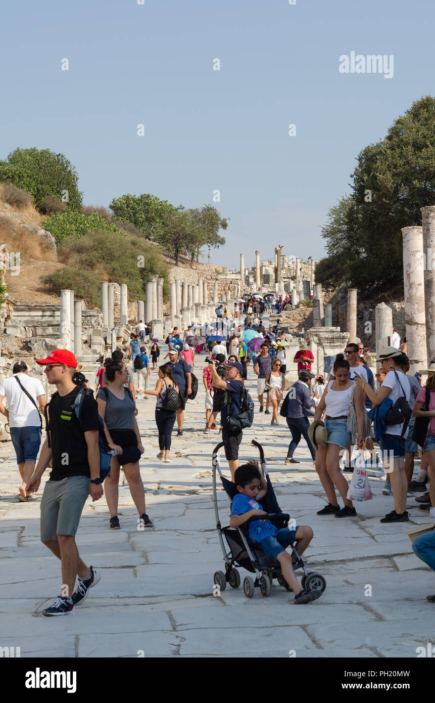 EPHESUS, TURKEY - AUGUST 19, 2018: Despite of extremely hot summer ...