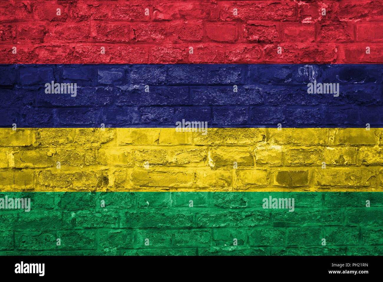 Flag of Mauritius over an old brick wall background, surface Stock ...